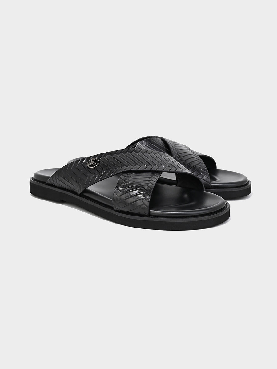 Black Woven Leather Cross-Strap Slippers – One8 Select
