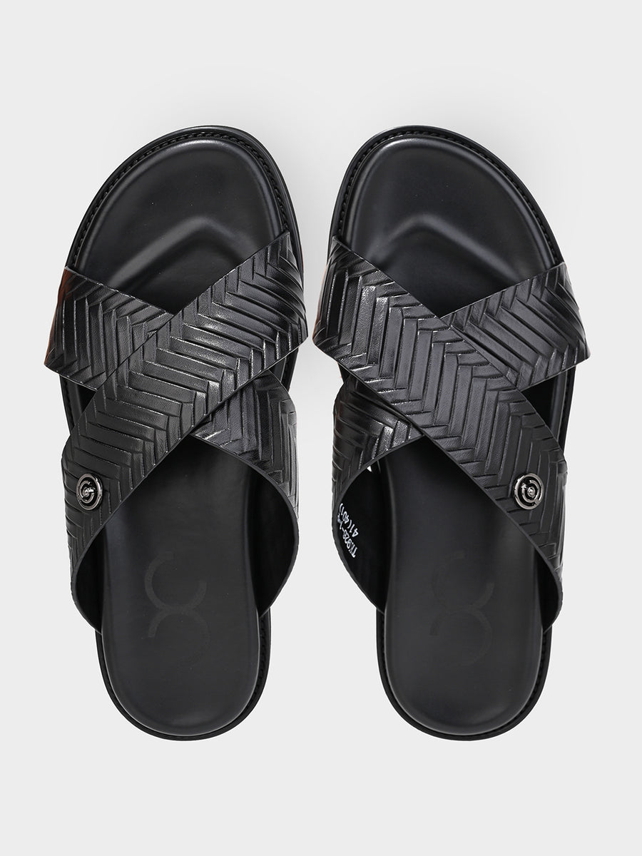 Black Woven Leather Cross-Strap Slippers – One8 Select
